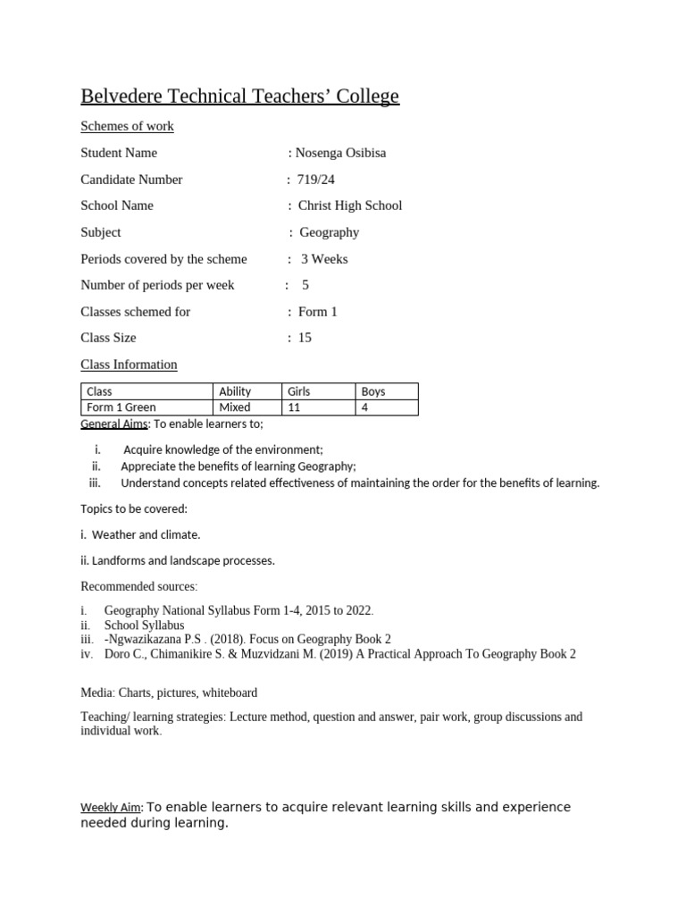 Geography Scheme of Work for Form 1 | PDF | Learning | Teaching Method
