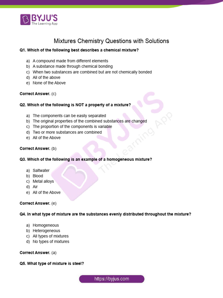 Mixtures Chemistry Questions .Docx | PDF | Mixture | Chemical Substances