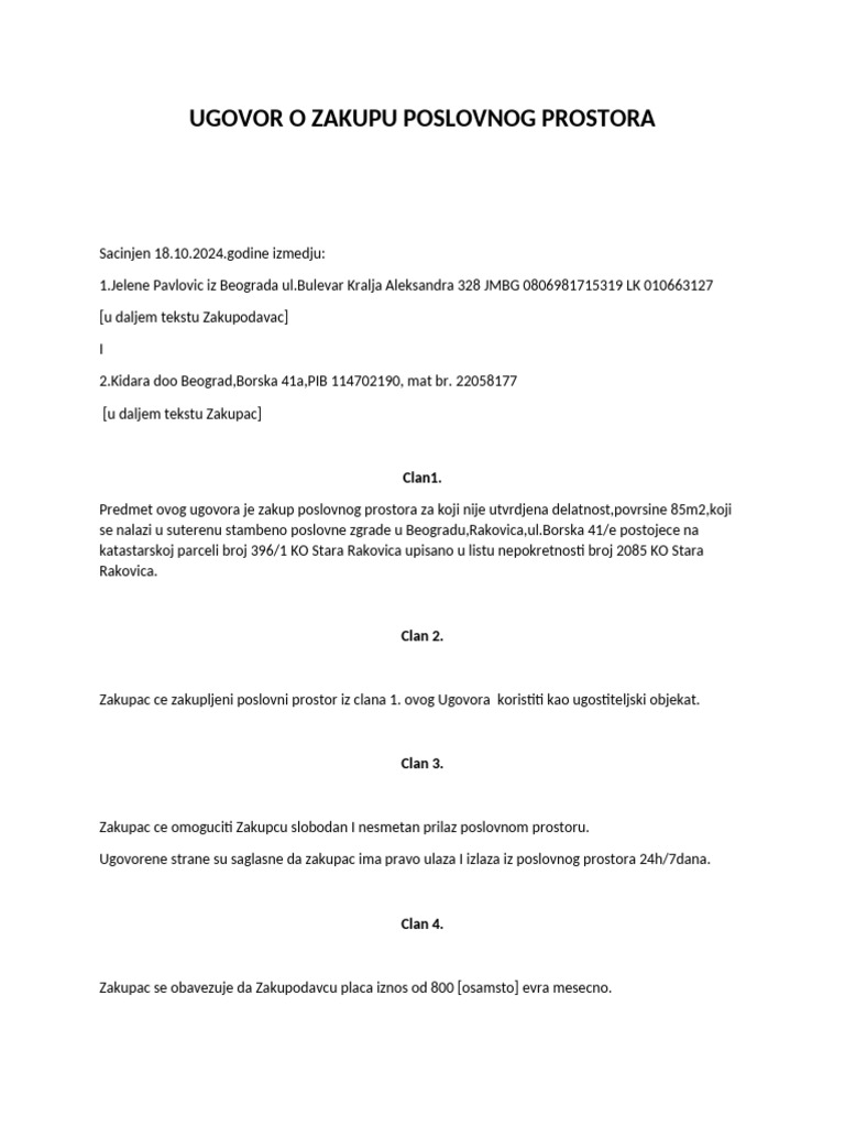Ugovor o Zakupu Poslovnog Prostora | PDF