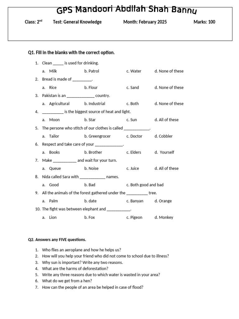 General Knowledge Test for 2nd Grade | PDF