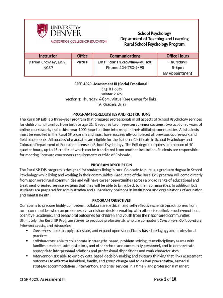 CFSP 4323 Assessment III Syllabus | PDF | School Psychology | Attention ...