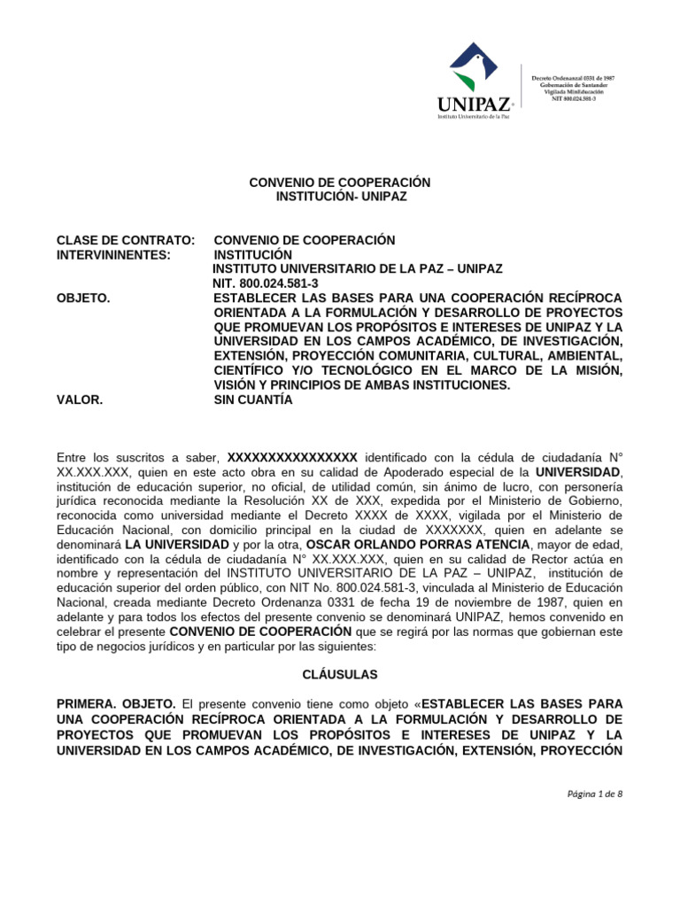 Convenio De Cooperacion Launiversidad Unipaz V1 Pdf Propiedad