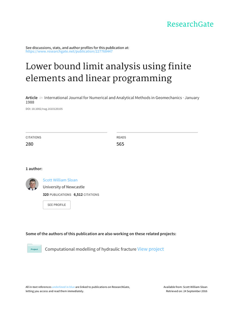 Sloan 1998 Lower Bound Limit Analysis Using Finite Elements | PDF | Matrix (Mathematics ...