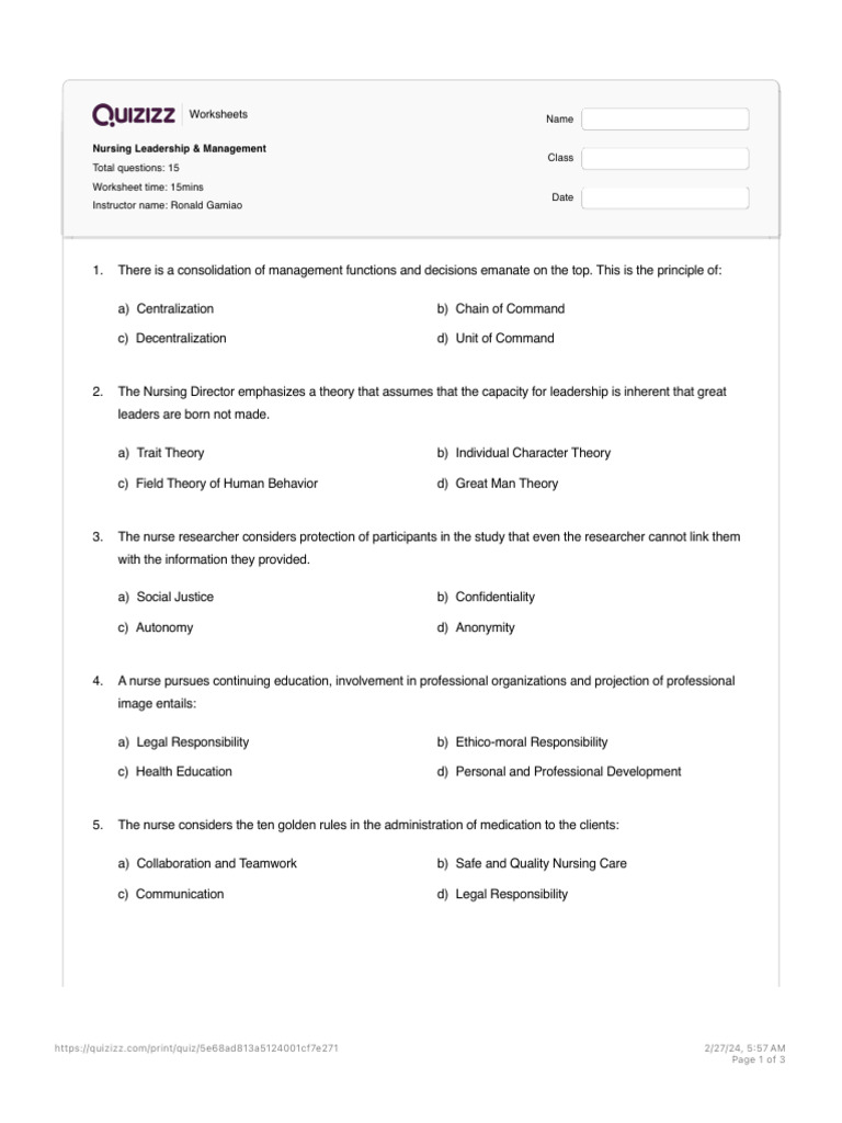 Nursing Leadership & Management - Quizizz | PDF | Leadership | Nursing