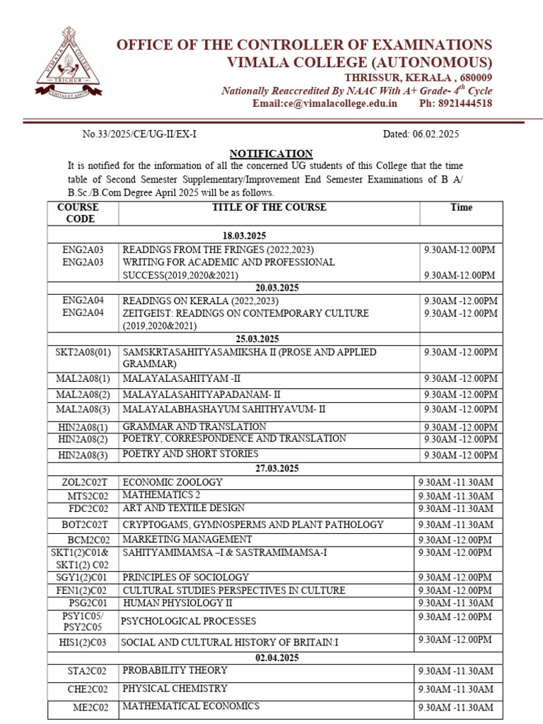 Notification - Time Table of Second Semester BA BSC BCom Supplementary, Improvement April 2025 ...