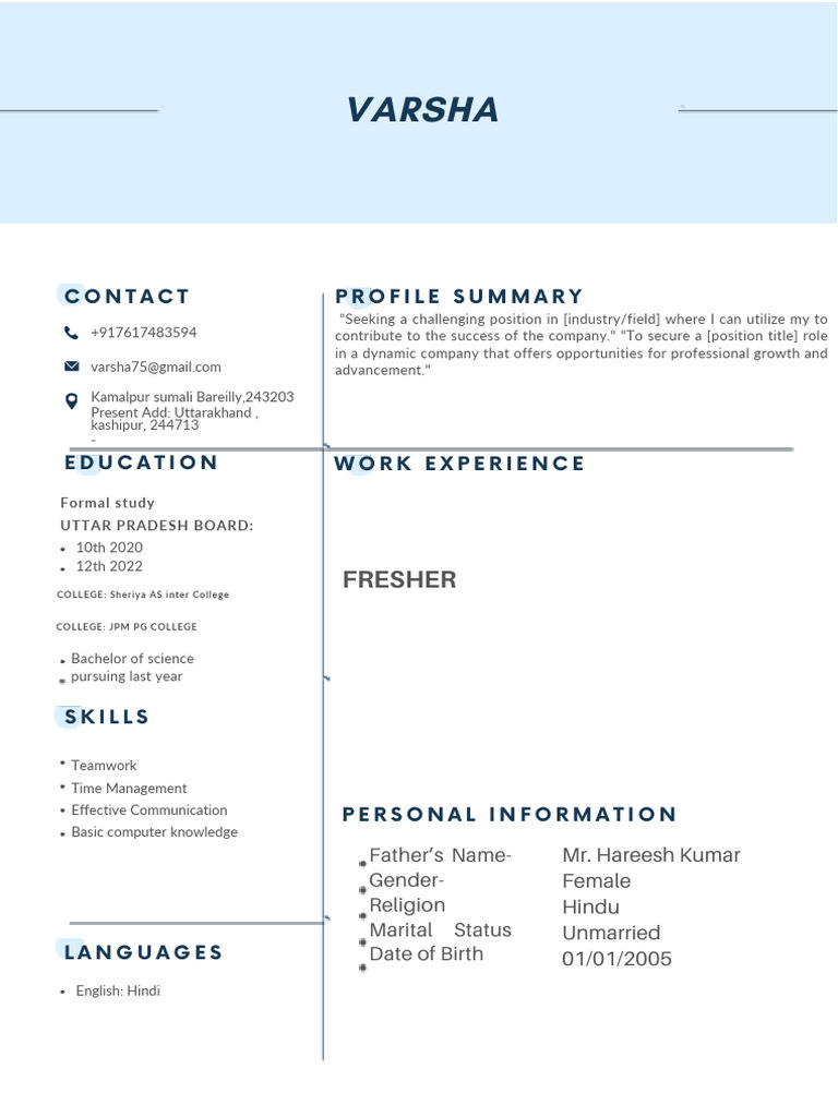 Varsha CV FOR Fresher - PDF - 20240808 - 103302 - 0000.pdf - 20240919 - 141621 - 0000 | PDF