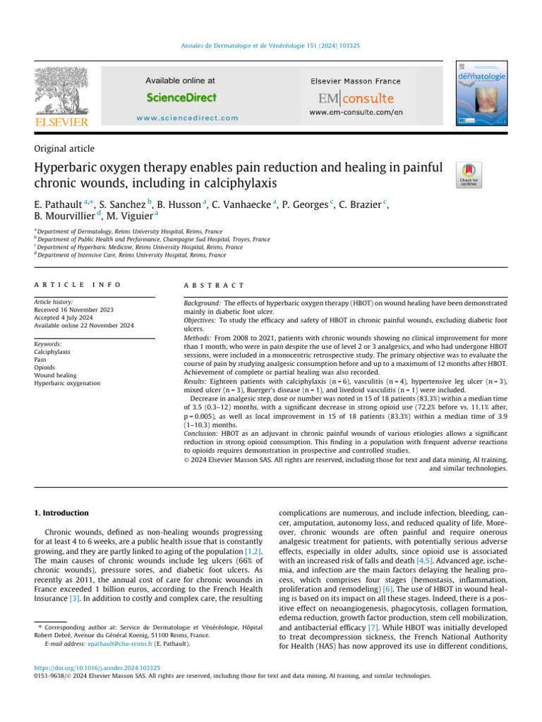 Hyperbaric oxygen therapy enables pain reduction and healing in painful ...