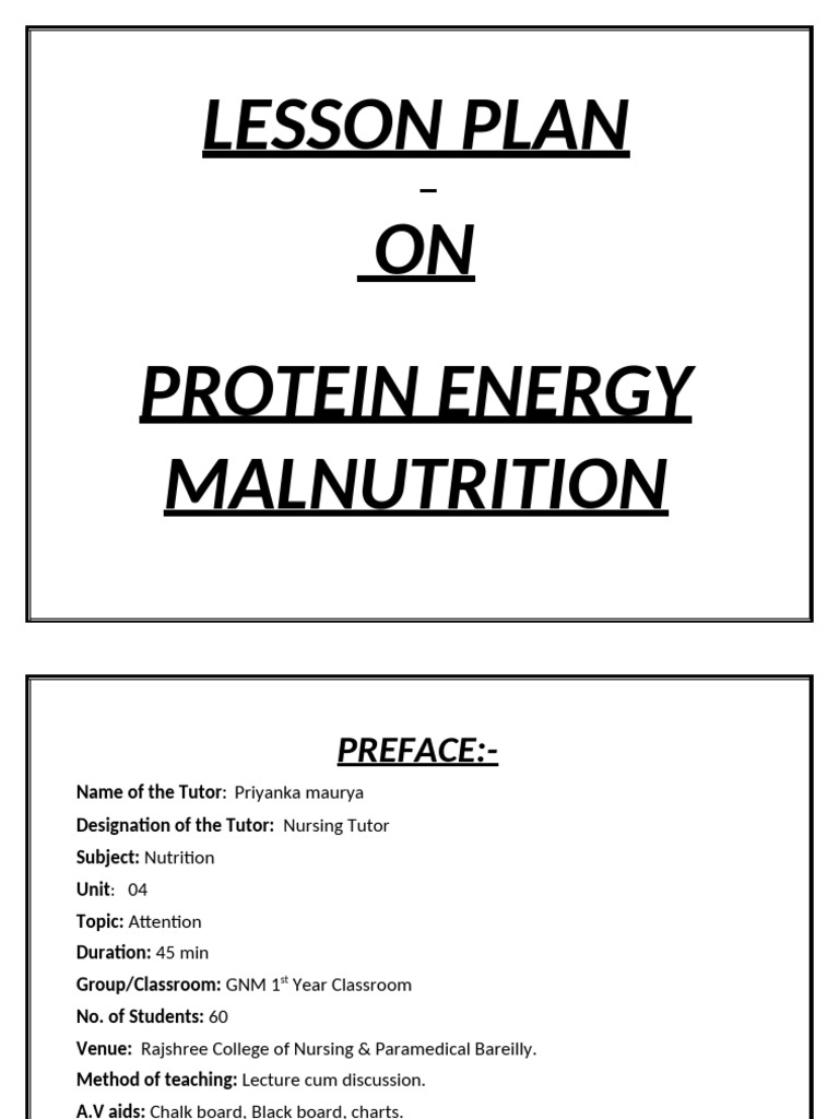 Protein Energy Malnutrition Lesson Plan | PDF | Malnutrition | Diseases ...