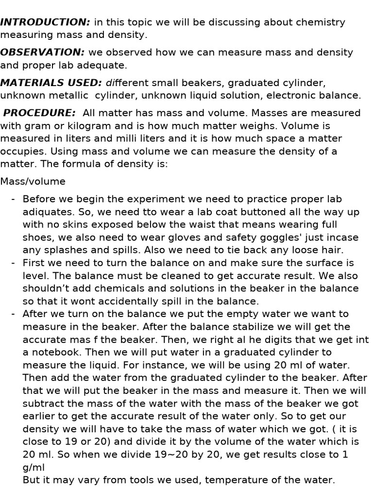 Chem Lab Report Grade 9 | PDF | Density | Volume