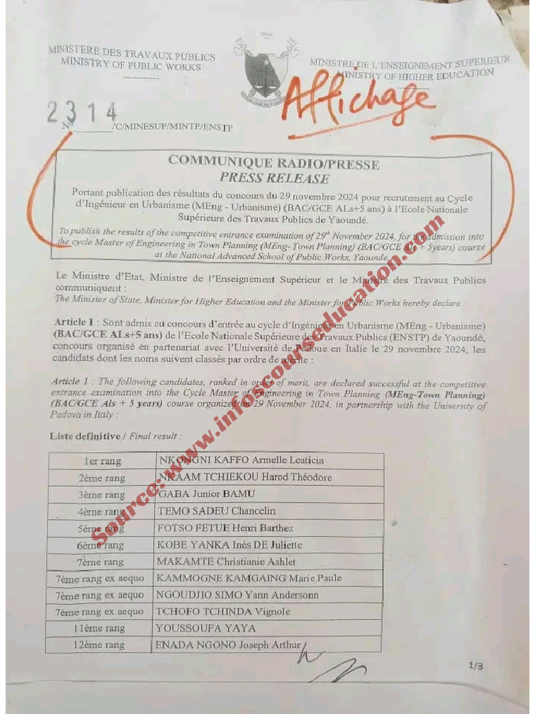 Résultats Enstp Urb | PDF