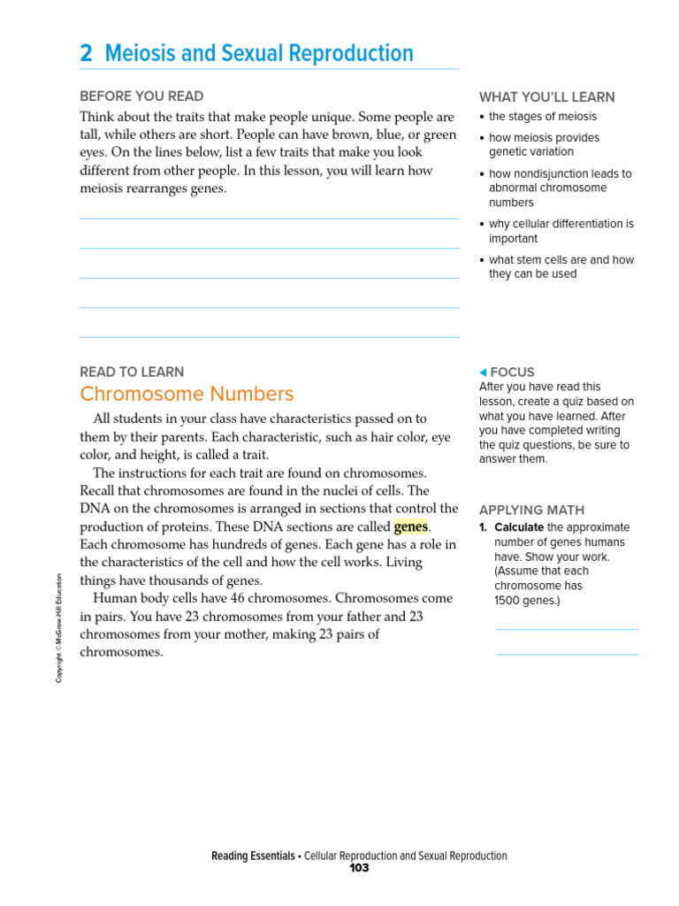 Reading Essentials - Meiosis and Sexual Reproduction | PDF | Meiosis ...