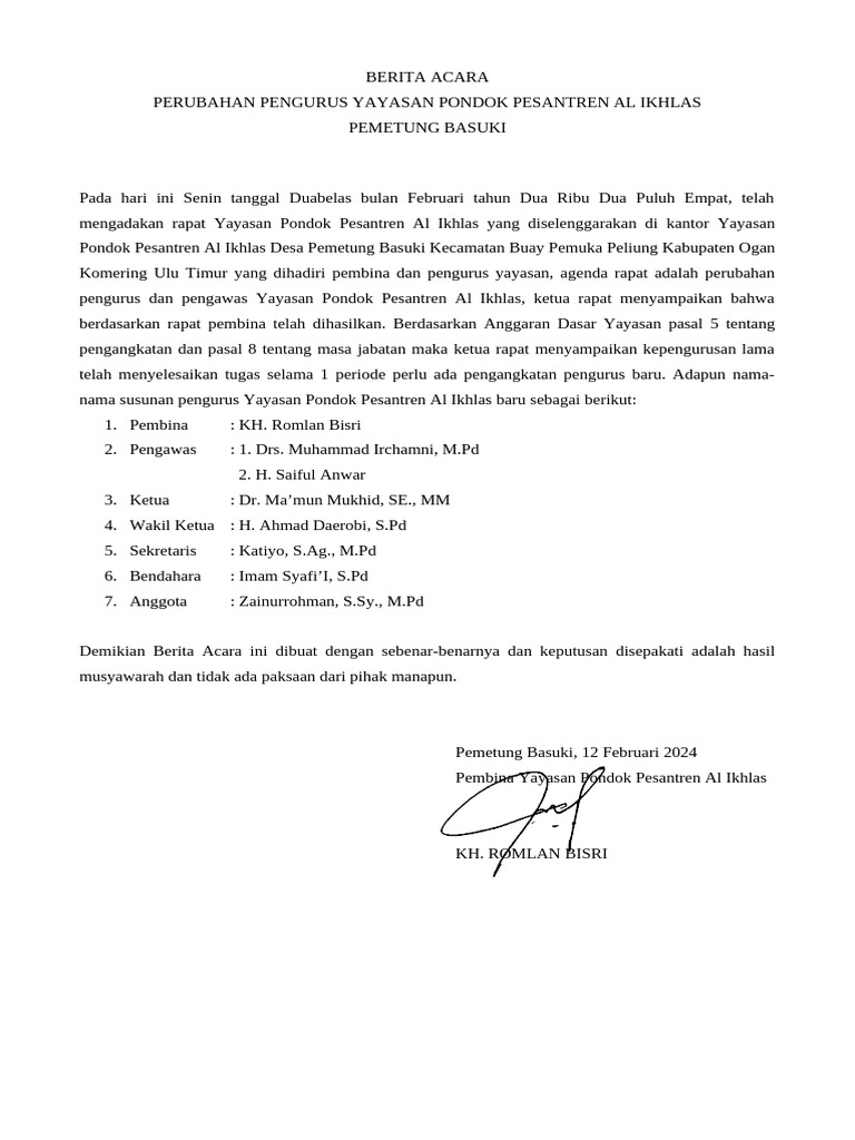 Berita Acara Pergantian Pengurus | PDF