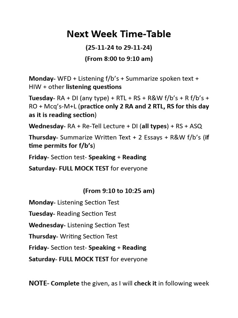 Next Week Schedule - PTE Morning Batch | PDF