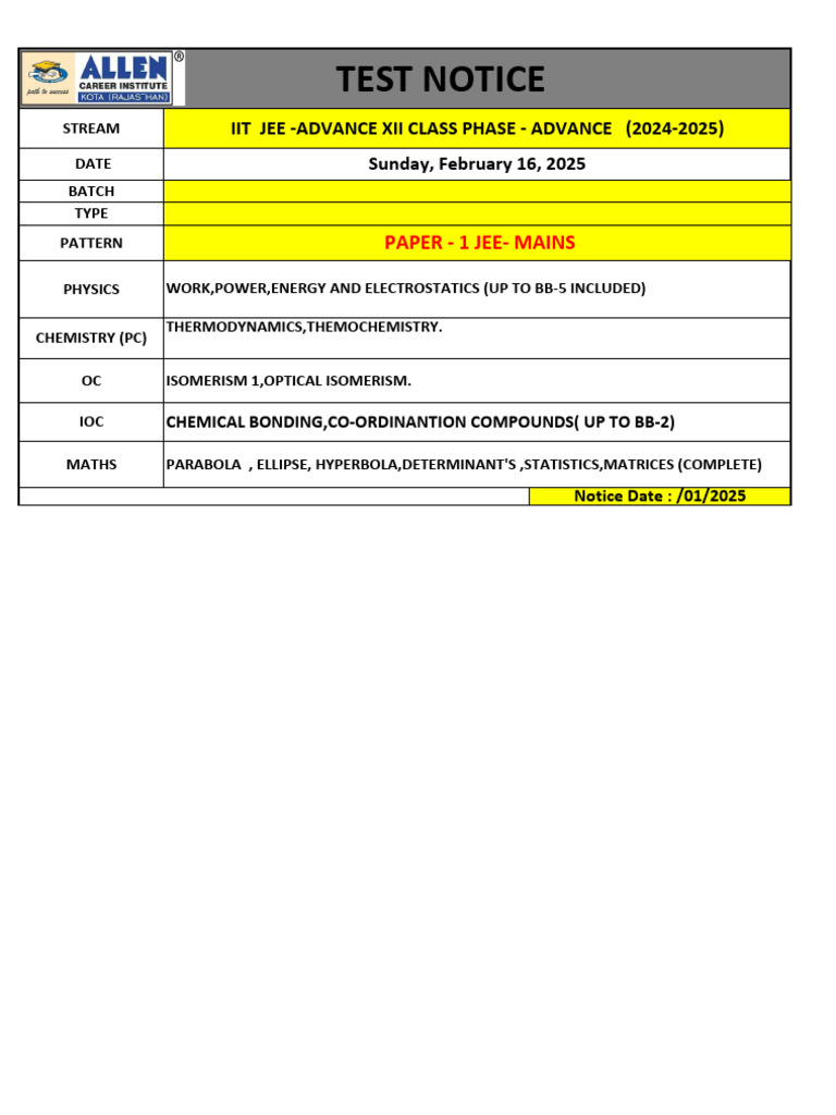 Iit Enthuse Phase Phase 1 Advance Batch Test Syllabus 16 Feb 25 | PDF