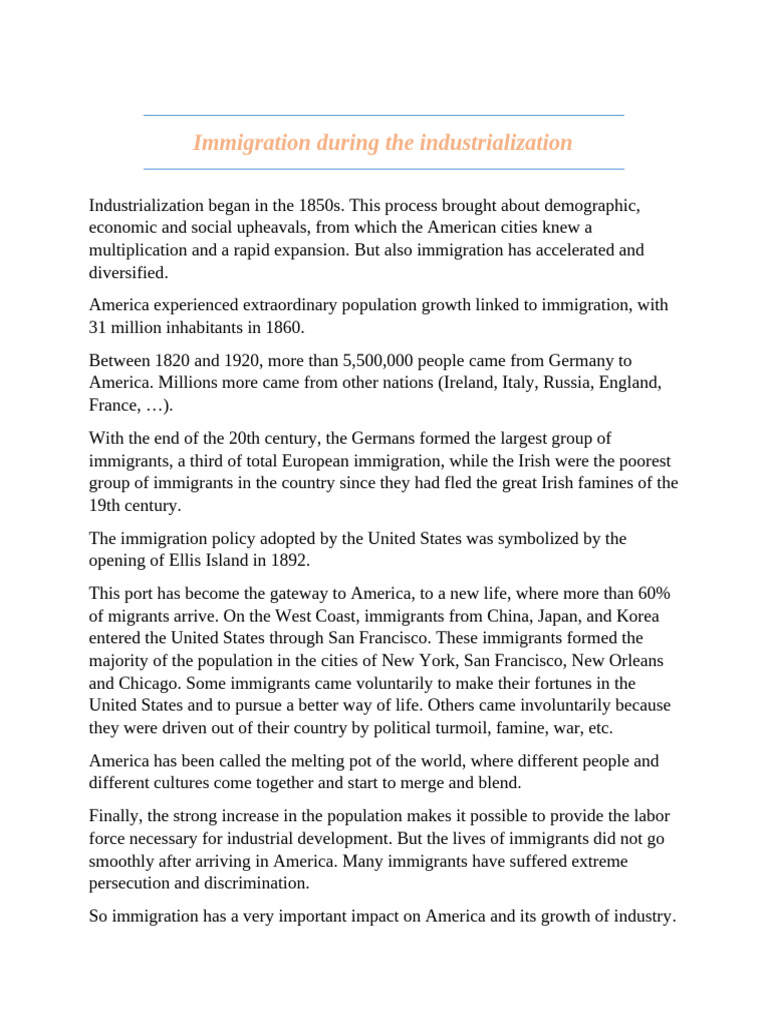 Immigration During The Industrialization | PDF
