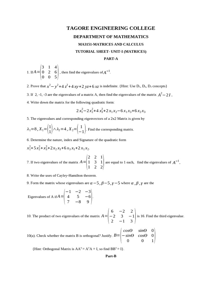 MA3151-TUTORIAL SHEET UNIT 1 - Matrices and Calculus Assignment-1 (Unit 1 Matrices) | PDF ...