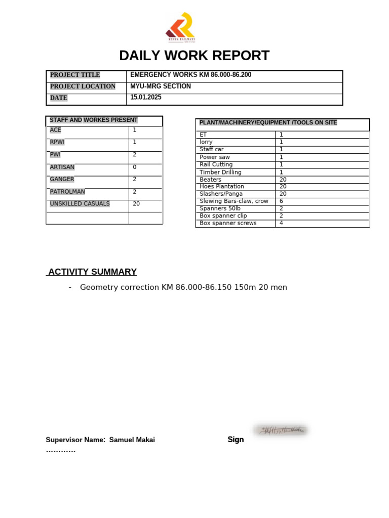 Daily Work Report for Km 86.000-86.200 | PDF | Cutting Tools | Wood