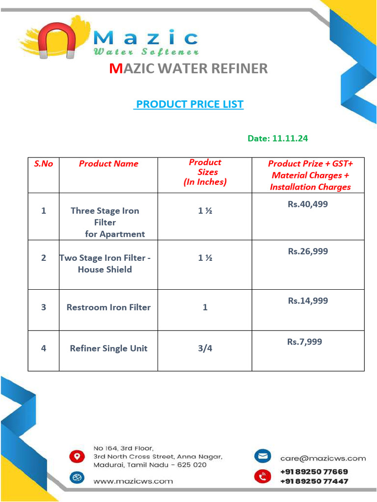 Mazic Water Refiner-Price List | PDF