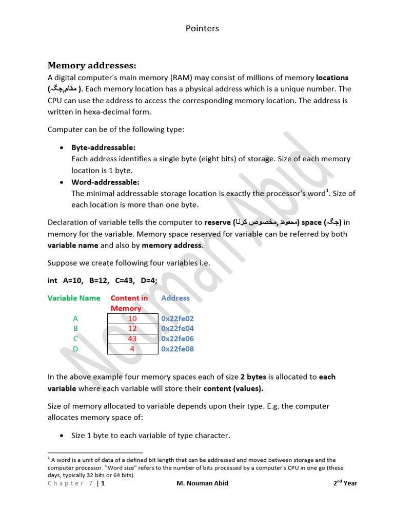 CH 7 2nd Year (Nouman) Pointers-1 | PDF | Pointer (Computer Programming) | Variable (Computer ...