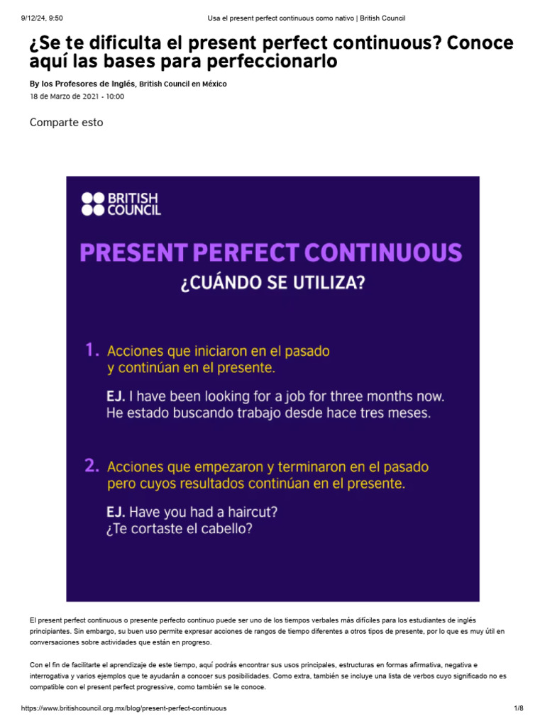 Domina el Present Perfect Continuous | PDF | Sistema internacional de pruebas de idioma inglés ...