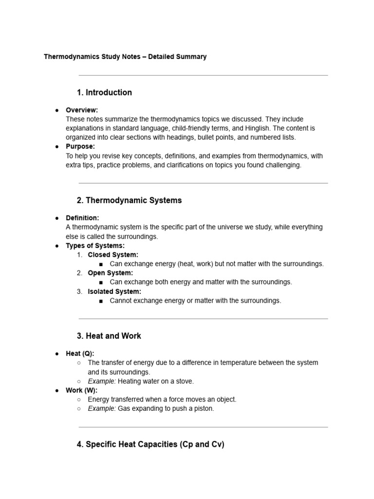 Thermodynamics Study Notes Summary | PDF | Entropy | Heat