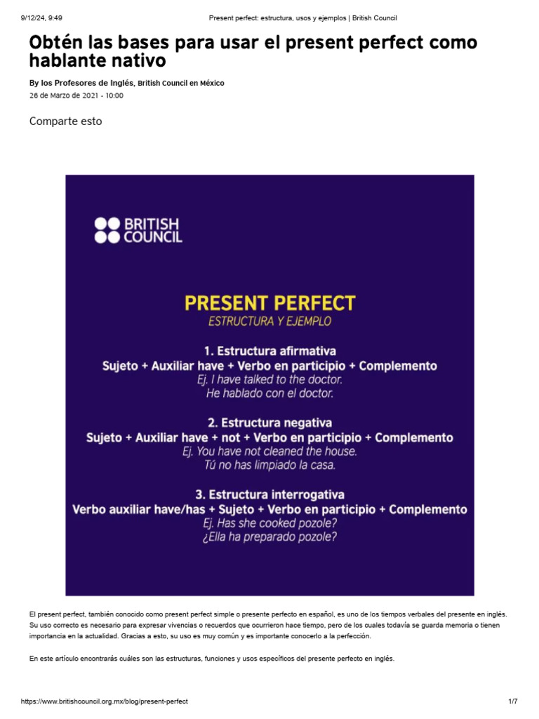 Estructura y usos del present perfect | PDF | Verbo | Sistema internacional de pruebas de idioma ...