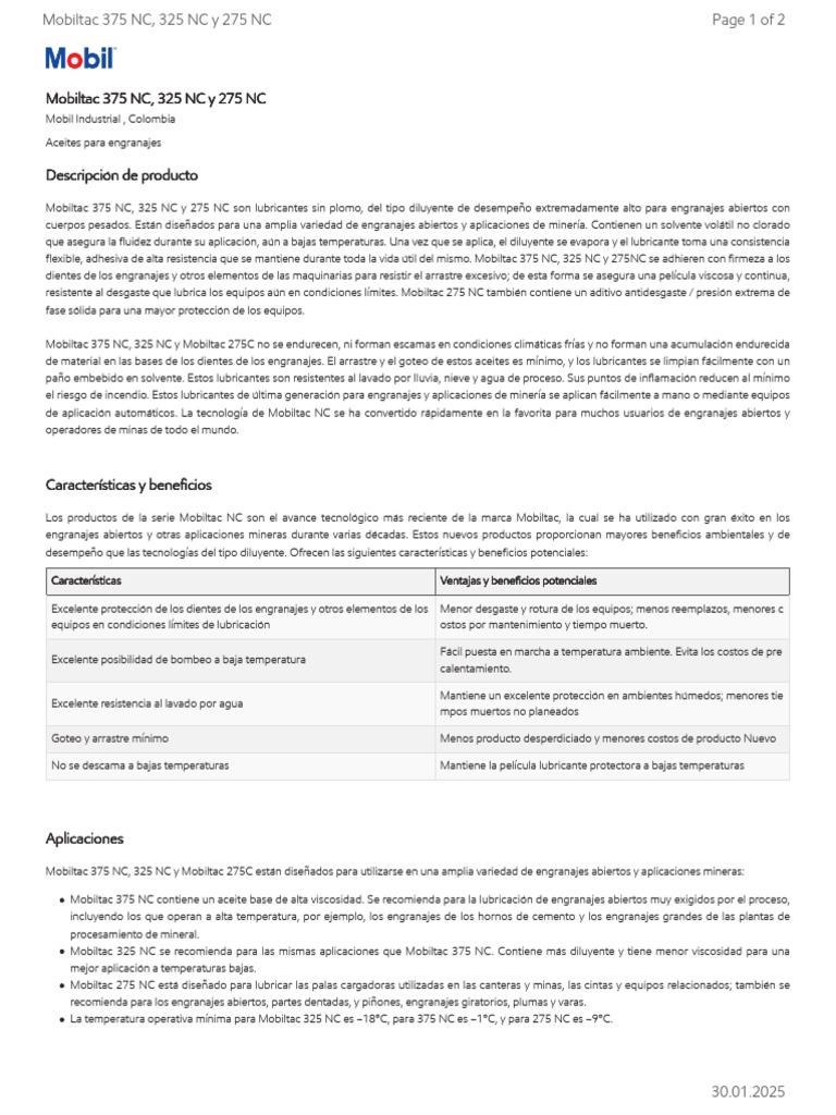 Lubricantes Mobiltac NC para Engranajes | PDF | Engranaje | Lubricante