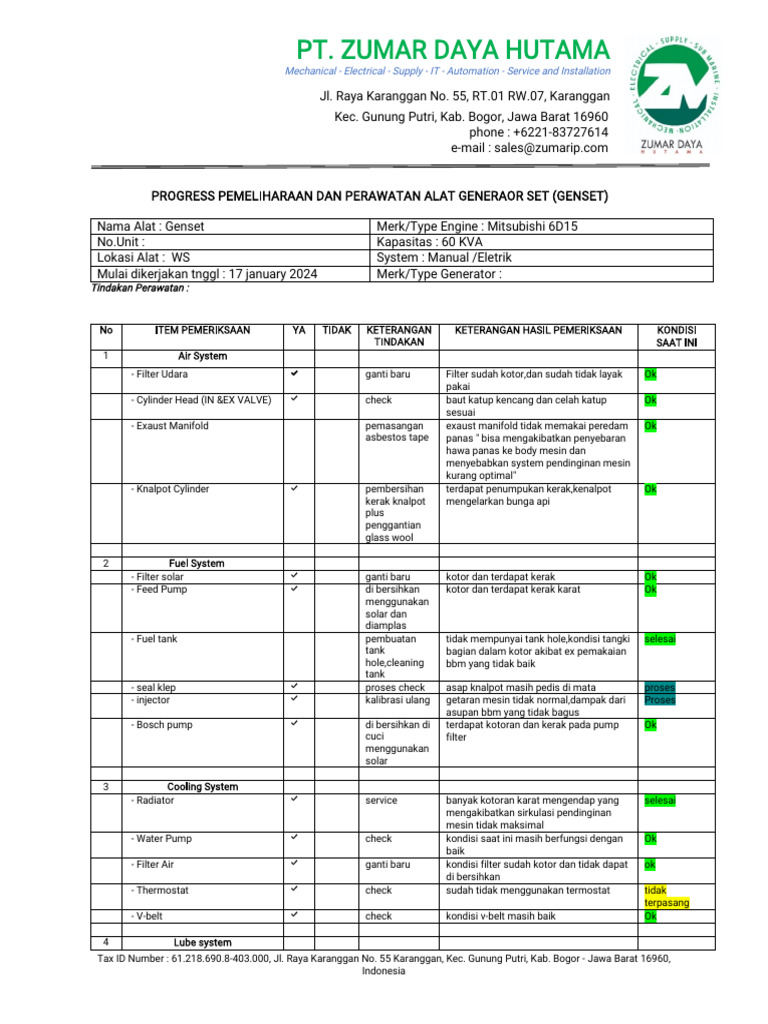 Progress Pengecekan Dan Perbaikan Engine Genset 60 Kva | PDF