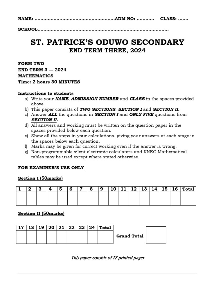 f2 Maths QST 2024 Teacher - Co .Ke | PDF | Area | Density