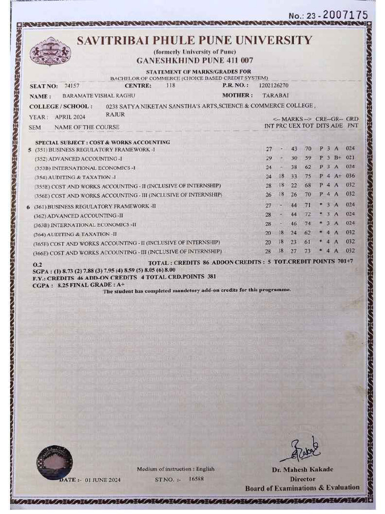Marksheet - Vishal 11zon | PDF