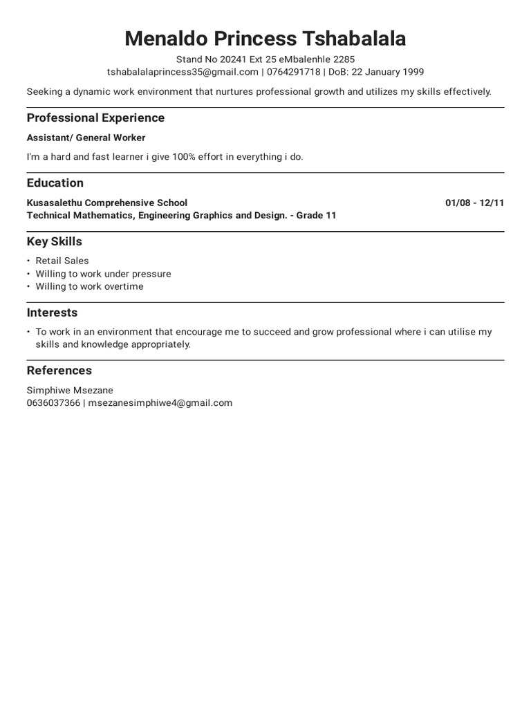 Menaldo Princess Tshabalala - CV | PDF