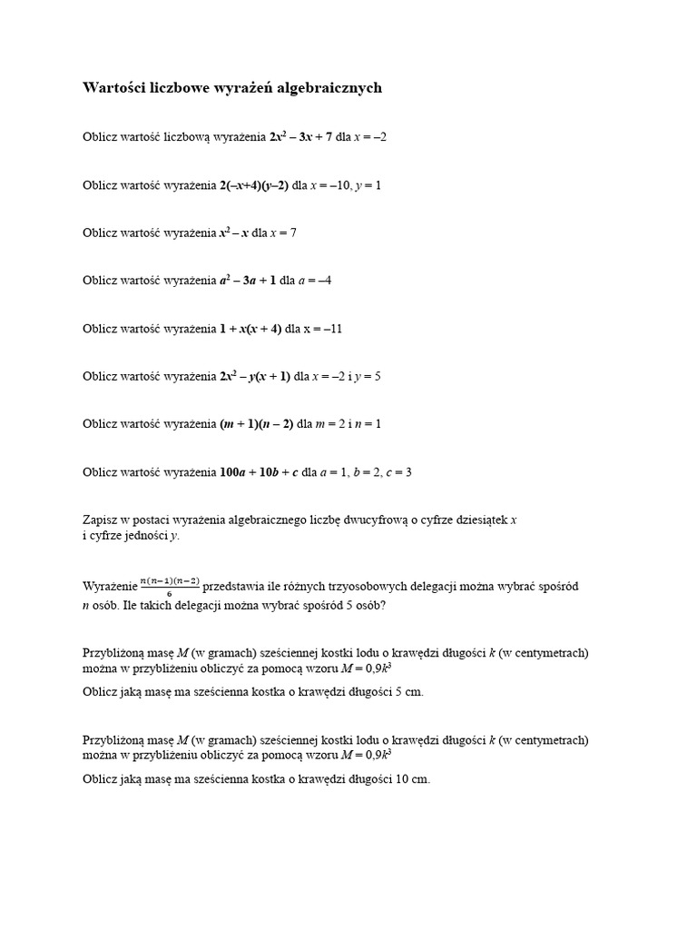 Wartości Liczbowe Wyrażeń Algebraicznych | PDF