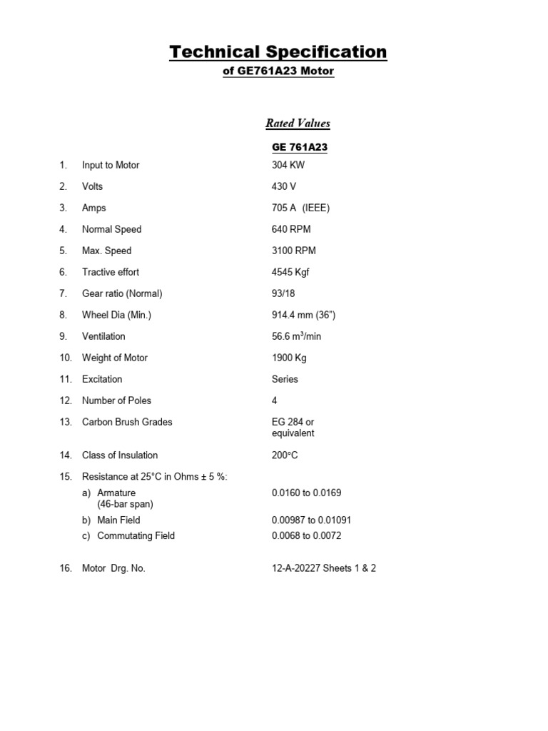 GE761A23 Motor Technical Specifications | PDF