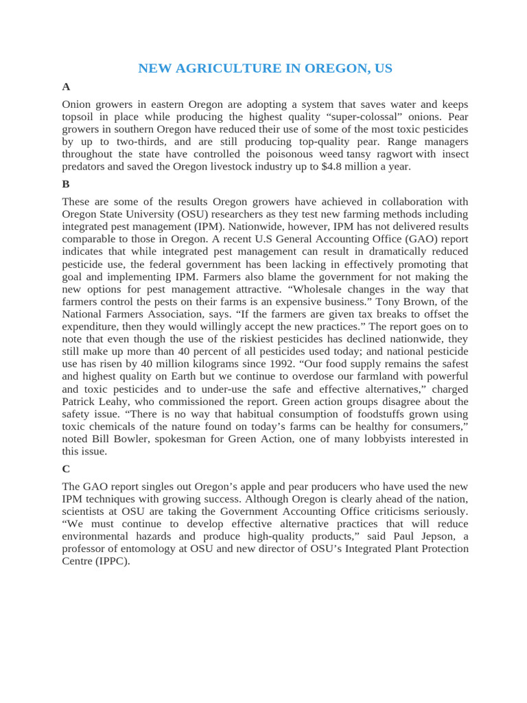 NEW AGRICULTURE IN OREGON- ĐỀ | PDF | Agriculture | Pesticide