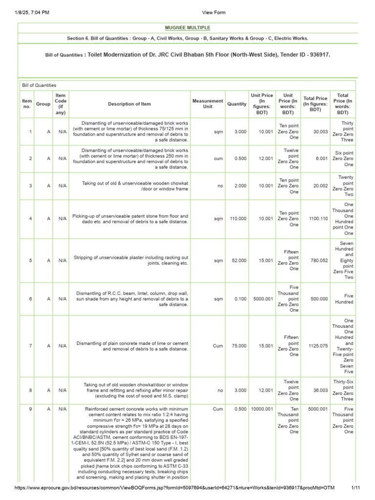 Bill of Quantities for Toilet Modernization | PDF | Building Materials ...