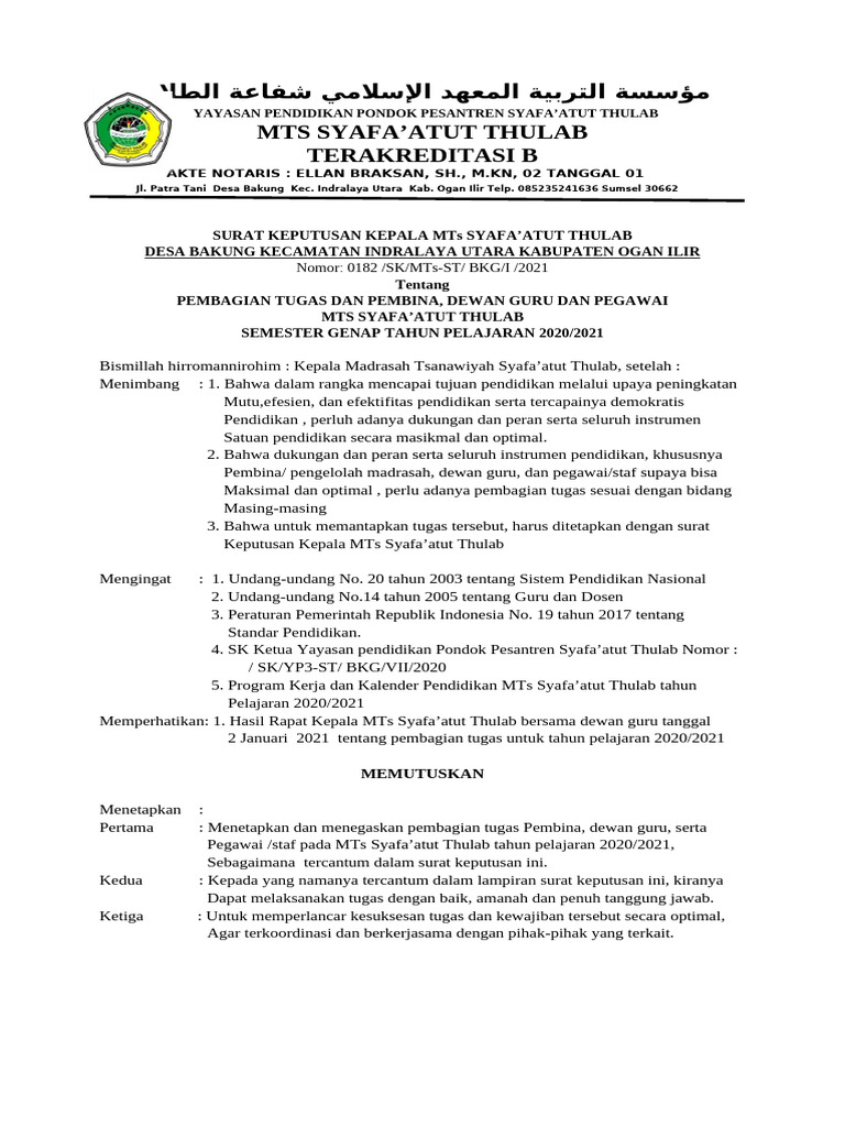 SK Pembagian Tugas Genap 2020-2021 | PDF