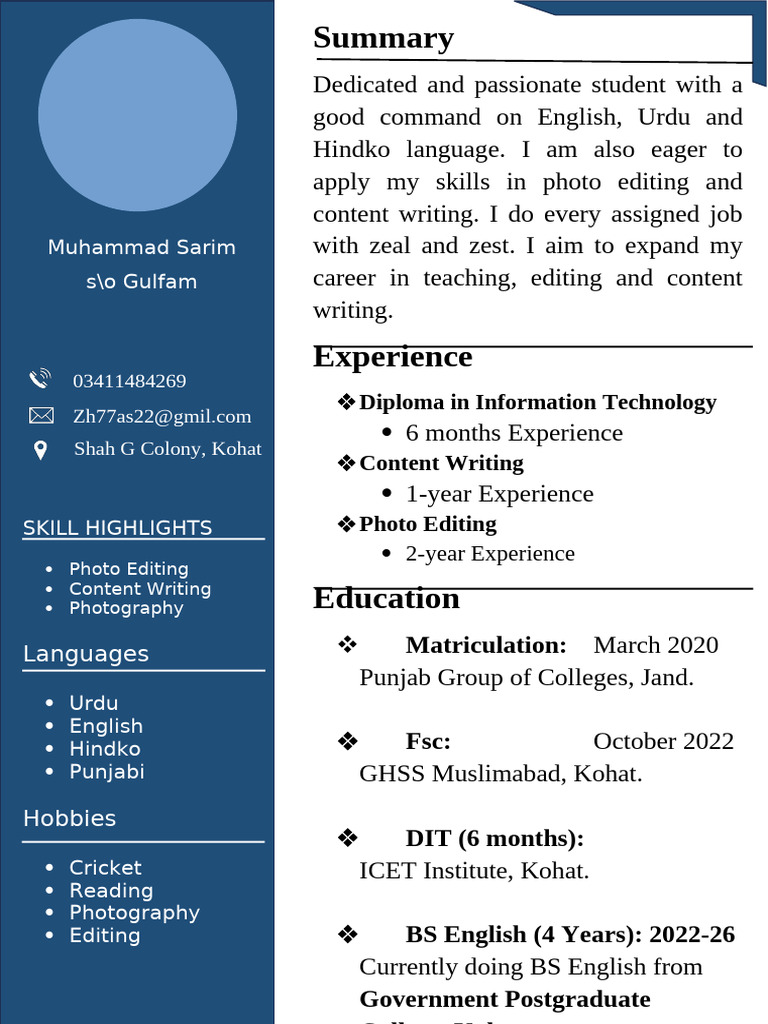 Muhammad Sarim: Skills & Experience Summary | PDF