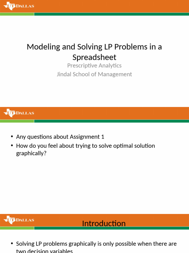 Lecture 2 Modeling and Solving LP Problems in A Spreadsheet | PDF | Spreadsheet | Linear Programming