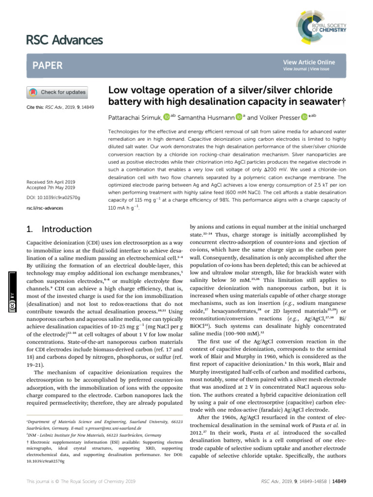 Silver/Chloride Battery for Seawater Desalination | PDF | Chemistry ...