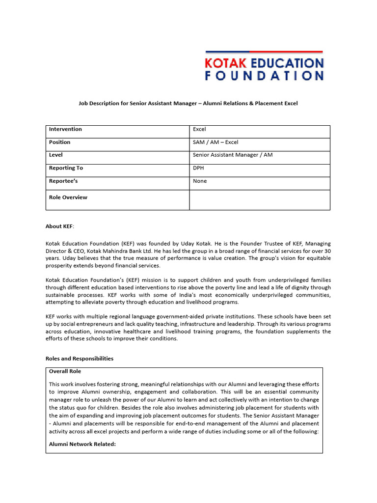 Senior Assistant Manager - Alumni Relations | PDF | Skill | Cognition