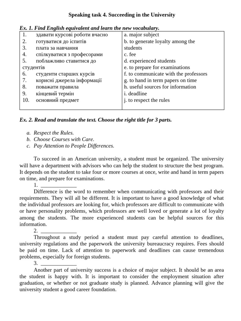 Speaking Task 4. Succeeding at The University | PDF