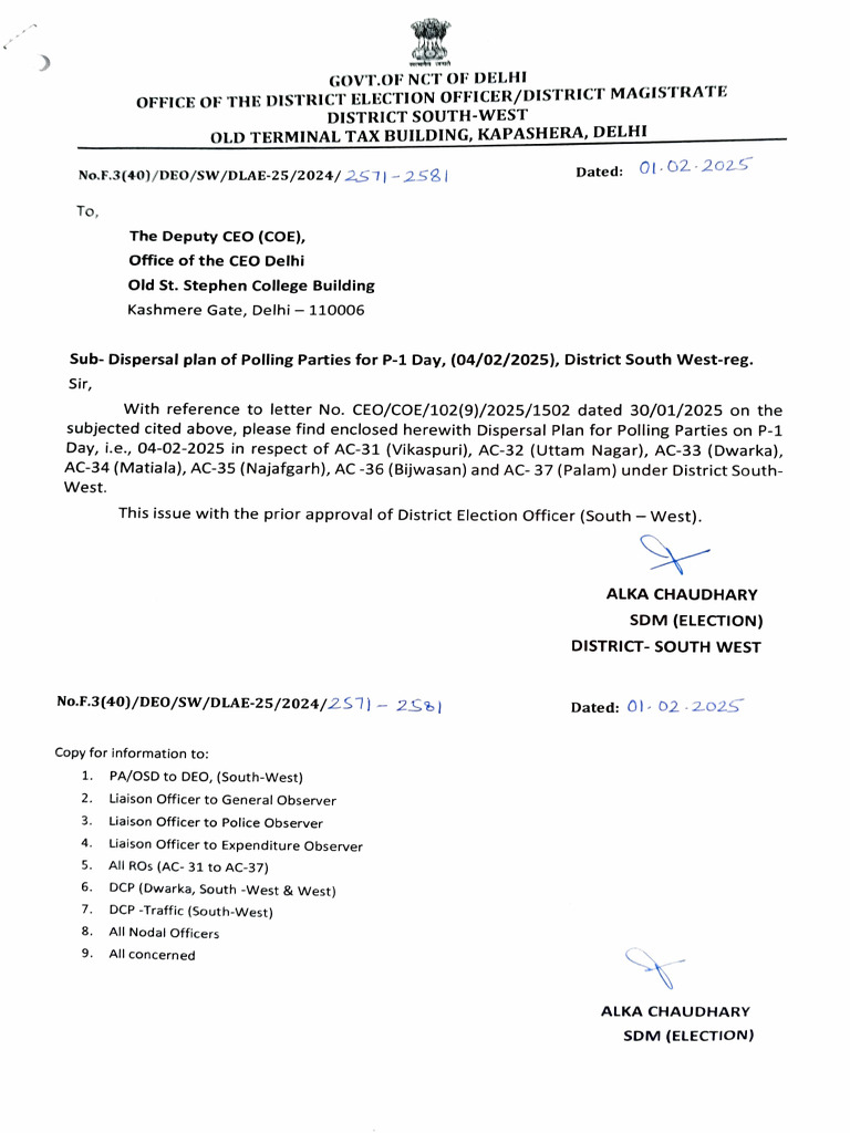 Dispersal Plan of Polling Parties For P-1 Day of District South-West | PDF