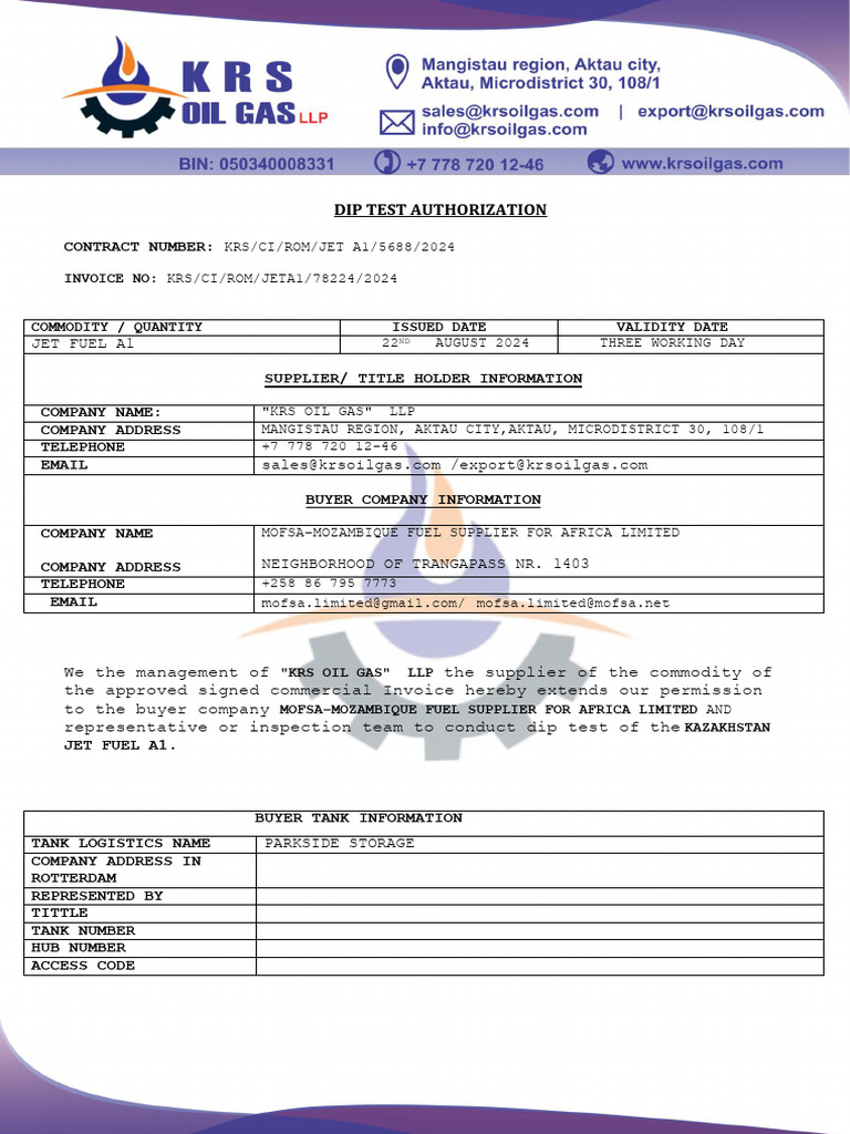 Updated Dip Test Authorization To Mofsa-Mozambique Fuel Supplier For ...