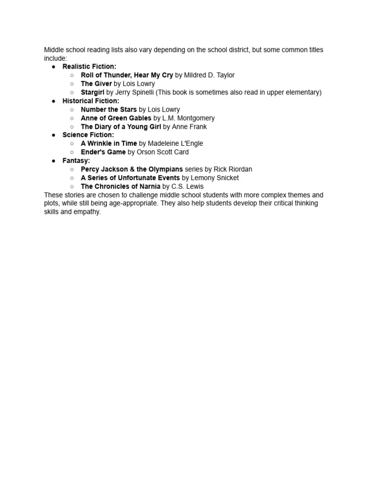 Essential Middle School Reading List | PDF