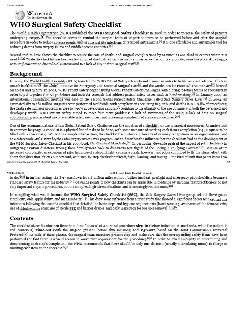 WHO Surgical Safety Checklist - Wikipedia | PDF | Surgery | Health Care