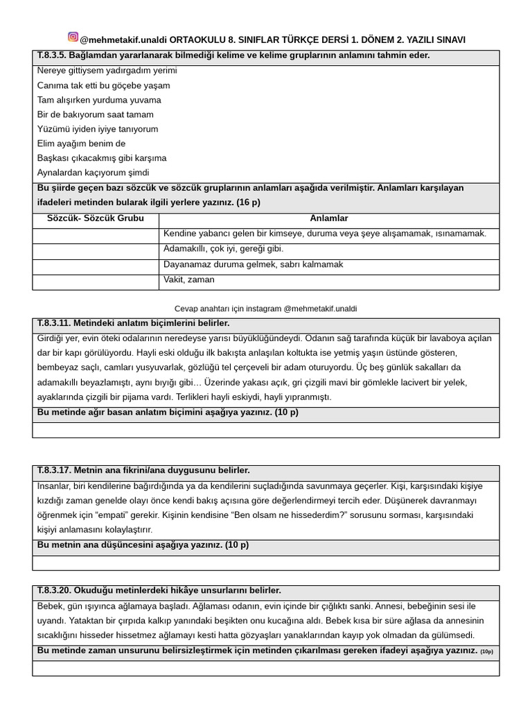 2024 2025 Egitim Ogretim Yili Turkce Dersi 8. Sinif 1. Donem 2. Acik Uclu Sinav 3. Senaryo ...