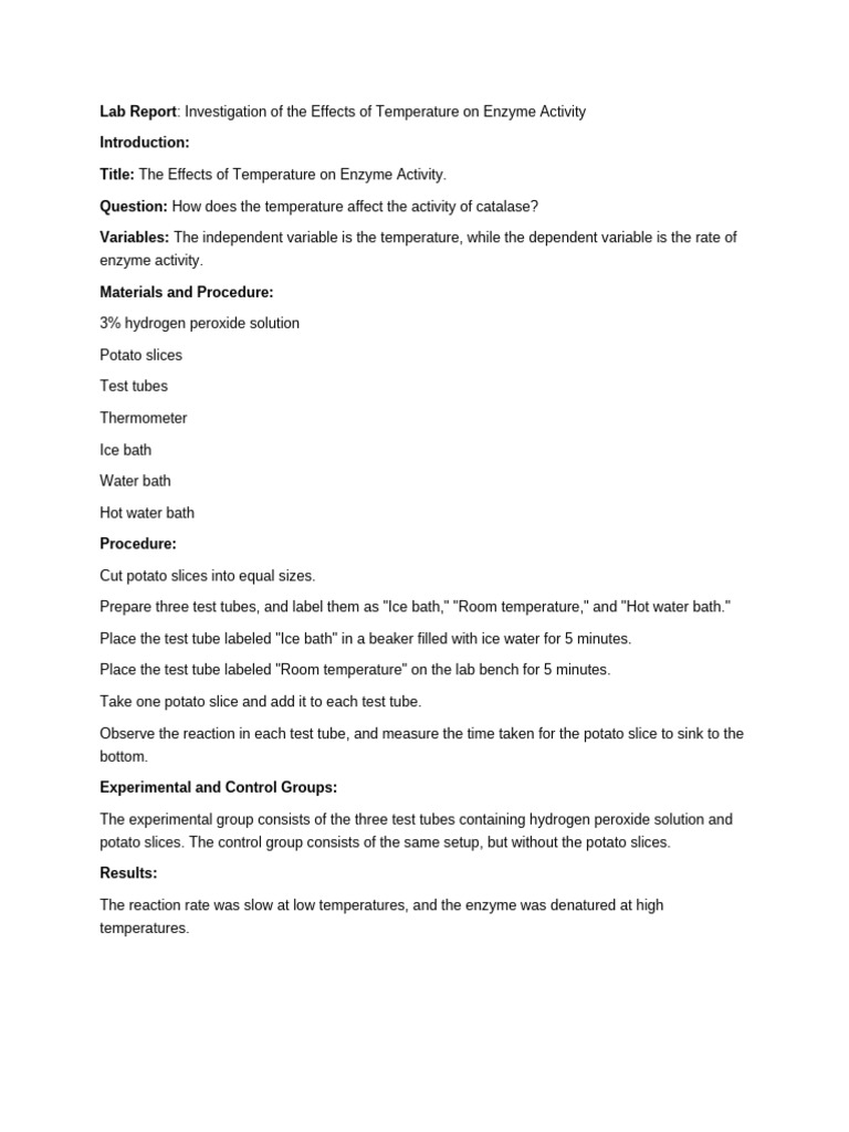 Lab Report - Investigation of The Effects of Temperature On Enzyme ...