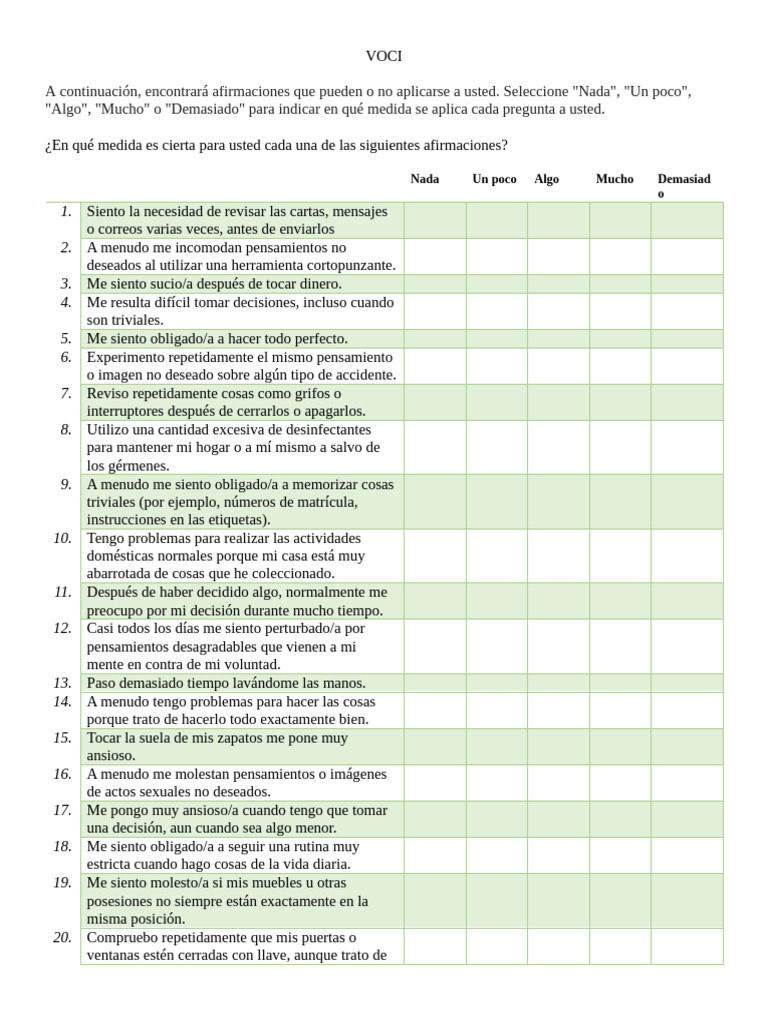 Cuestionario VOCI para TOC | PDF