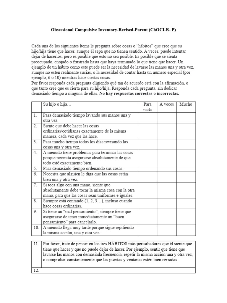TOC Obsessional Compulsive Inventory PAPÁS | PDF | Pensamiento