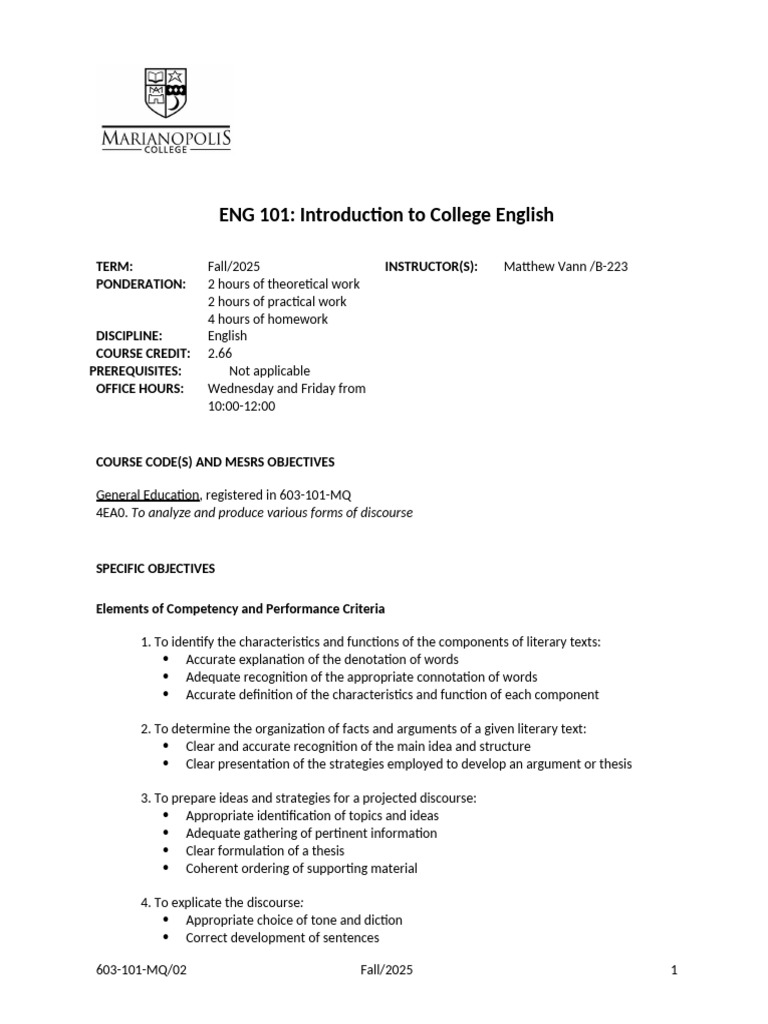 ENG 603-101-MQ Introduction To College English Course Outline | PDF ...